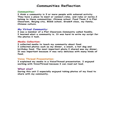 Communities reflection | DOCX | Food & Drink
