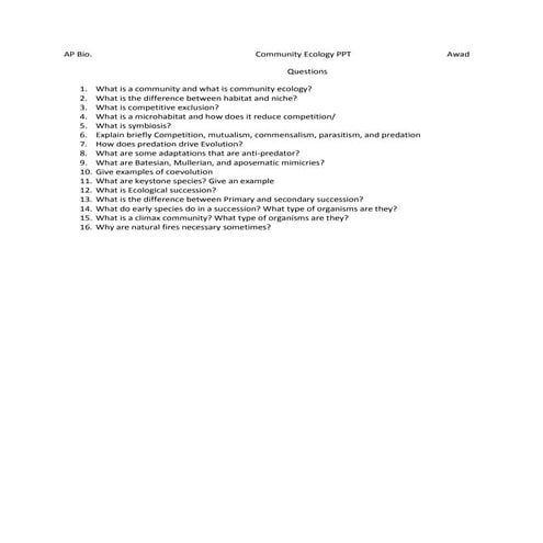 Community ecology ppt questions | DOCX | Biological Sciences | Science