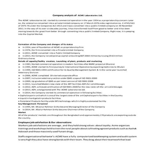 Company analysis of acme laboratories ltd | DOCX