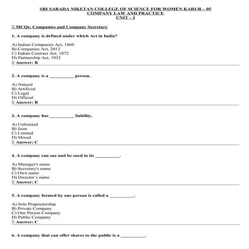 COMPANY LAW MATERIAL. MCQ MATERIALS 5 UNITS docx | DOCX