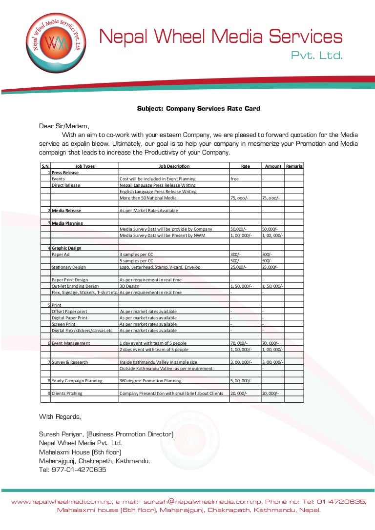 Company services rate card