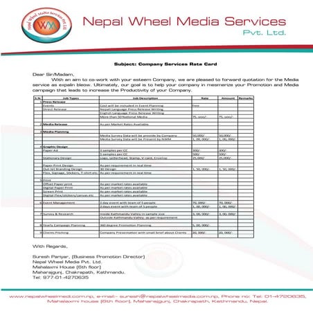 Company services rate card | PDF