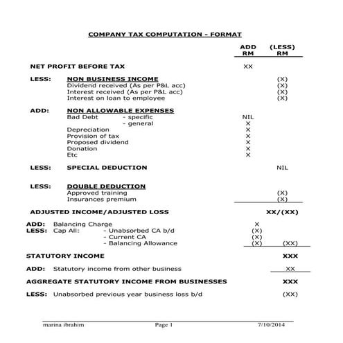 Company Tax Computation Format