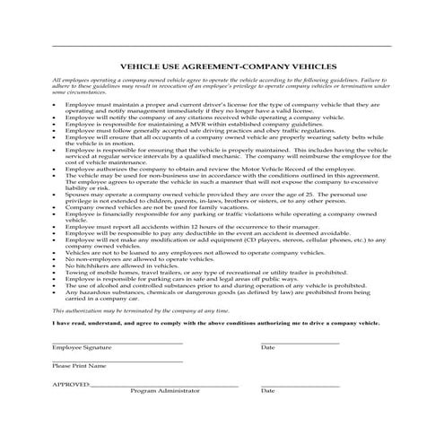Company Vehicle Use Agreement Template