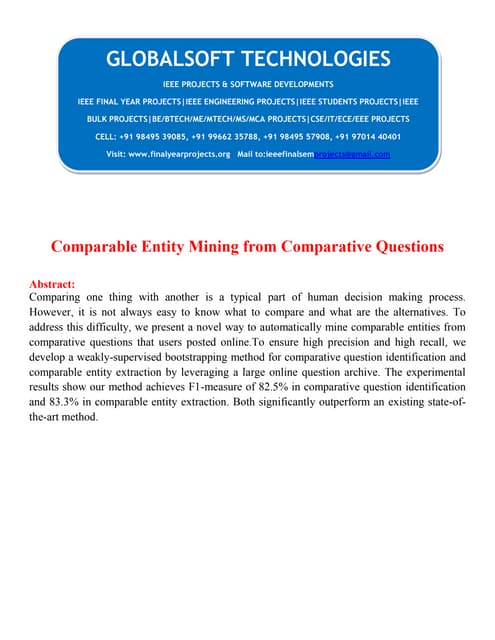 Java 2013 Ieee Datamining Project Comparable Entity Mining From Comparative Questions Pdf