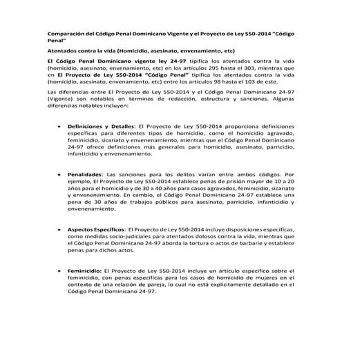 Comparación del Código Penal Dominicano Vigente y el Proyecto de Ley ...