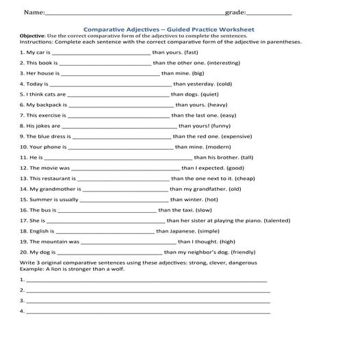 Comparative Adjectives Worksheet realiza los siguientes ejercicios | DOCX
