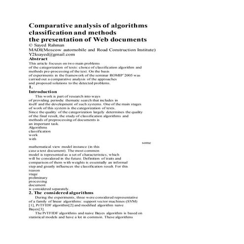 Comparative Analysis Of Algorithms Classification And Methods The Presentation Of Web Documents