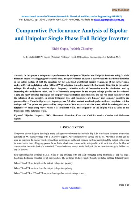 Harmonic Distortion Analysis of the Output Voltage in SPWM (Unipolar) Single Phase Full Bridge ...