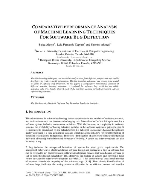 Comparative Performance Analysis Of Machine Learning Techniques For Software Bug Detection Pdf
