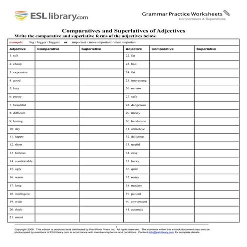 Comparative And Superlative Adjective Worksheets