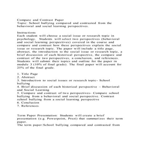 Compare and Contrast PaperTopic School bullying compared and co | DOCX