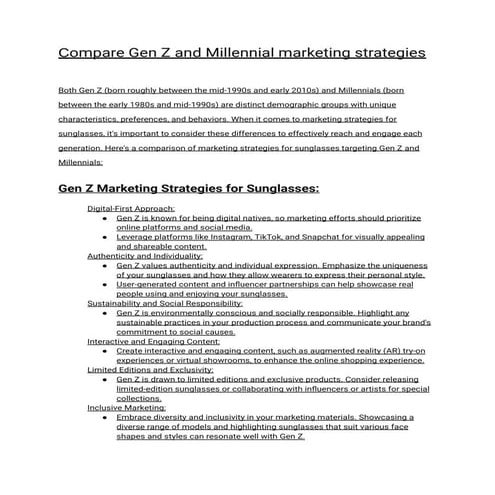 Compare Gen Z and Millennial marketing strategies for sunglasses | PDF