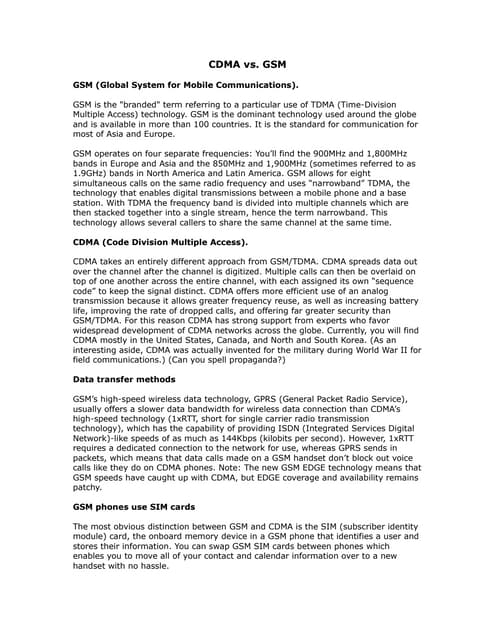 GSM vs CDMA | PPTX | Computer Networking | Computing