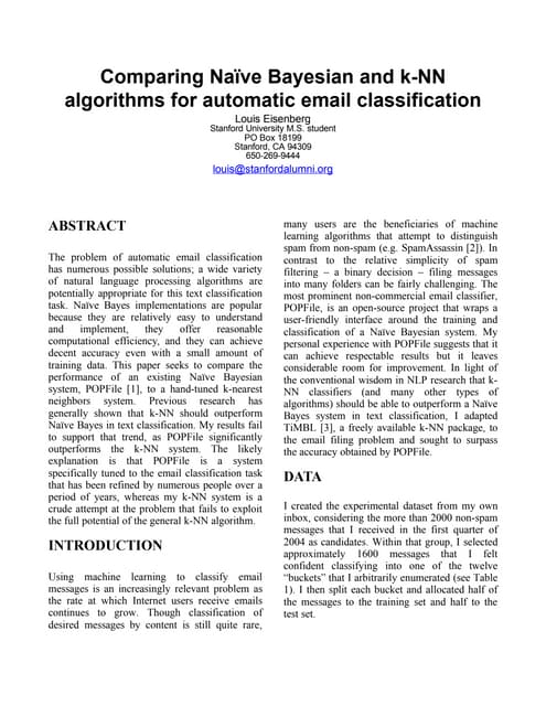 Comparing Naive Bayesian And K Nn Algorithms For Automatic Doc
