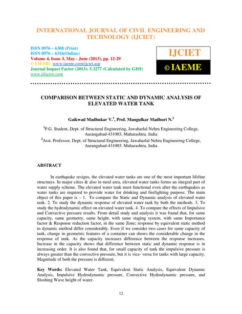 RESPONSE OF ELEVATED WATER STORAGE TANKS UNDER SEISMIC EVENTS | PDF