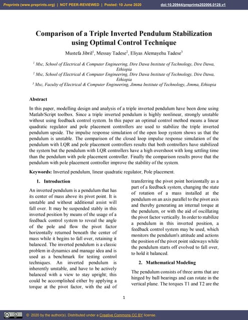 Controller Design Of Inverted Pendulum Using Pole Placement And Lqr Pdf