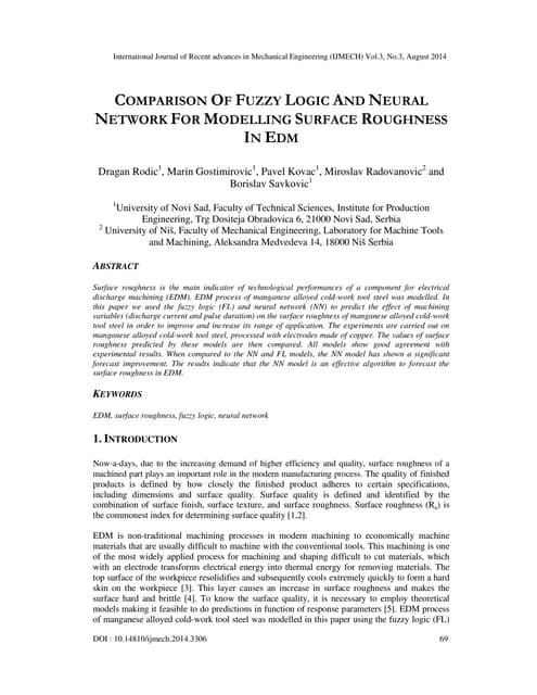 Comparison Of Fuzzy Logic And Neural Network For Modelling Surface Roughness In Edm Pdf 7003