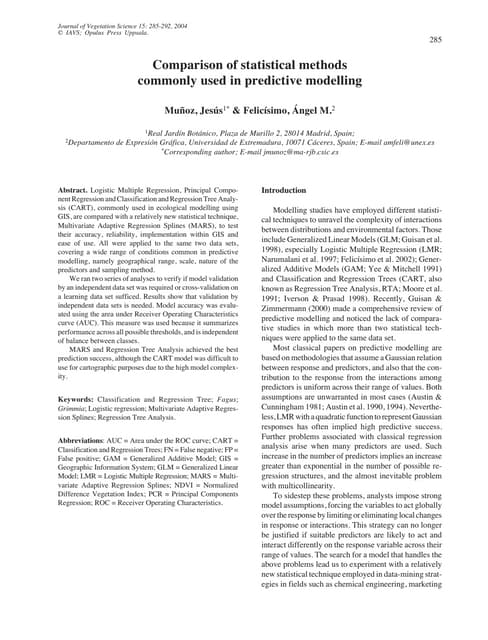 Comparison of statistical methods commonly used in predictive modeling ... Comparison of statistical methods commonly used in predictive modeling ...