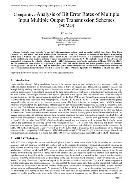 Comparitive Analysis Of Bit Error Rates Of Multiple Input Multiple Output Transmission Schemes