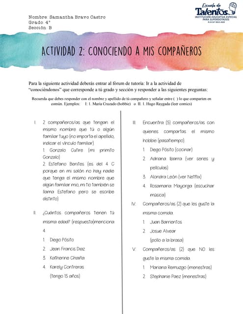 Actividad #2 de Tutoría " Conociéndonos" | PDF