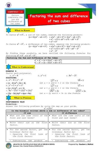 Factoring the Sum and Difference of Two Cubes Worksheet | PDF