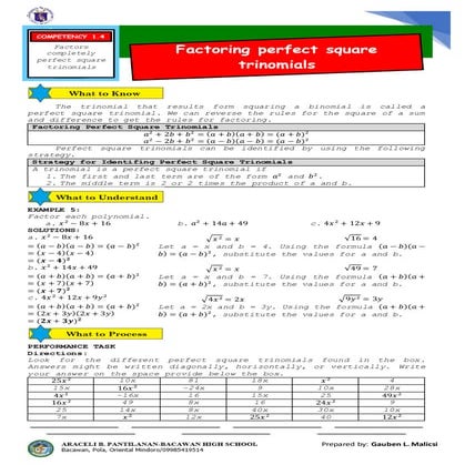 Factoring perfect square trinomials | DOCX