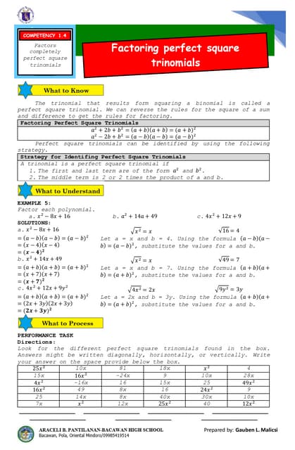 factoring perfect trinomials | PPTX