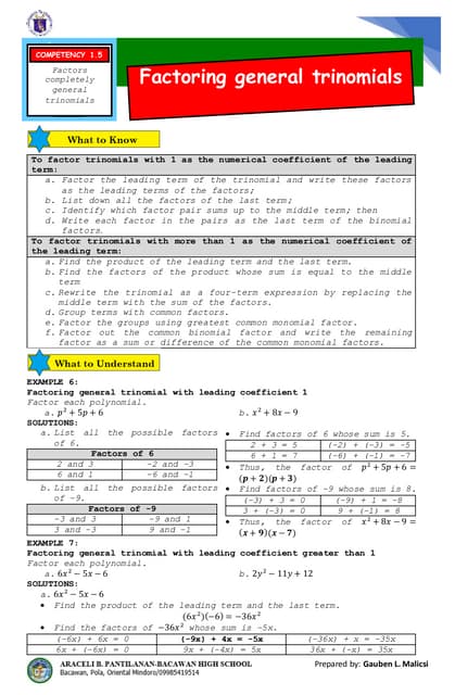 Factoring Quadratic Trinomials | PPTX