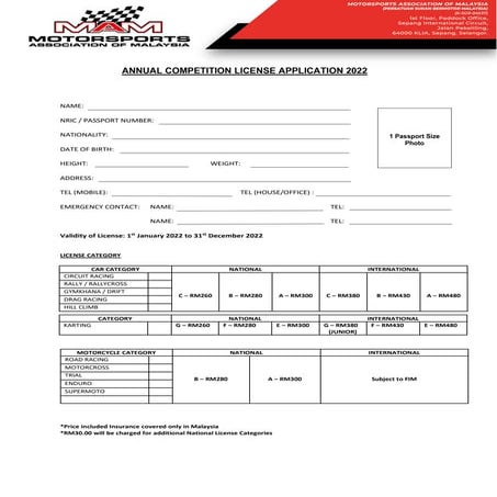 MAM Motorsport Competition license application form 2022 | PDF