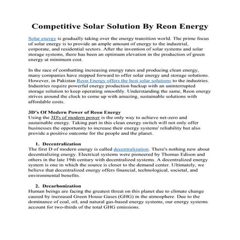 Competitive Solar Solution By Reon Energy | DOCX