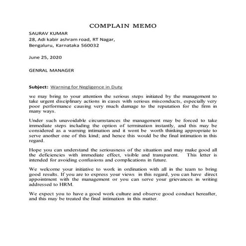 COMPLAIN MEMO FORMAT | PDF