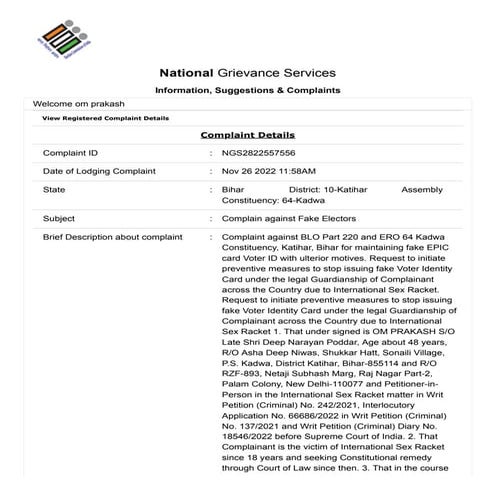 Complaint dated 26.11.22 against Election Officer Katihar Bihar.pdf | Crime & Harmful Acts to ...
