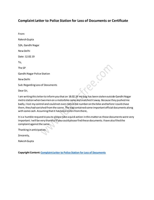 Complaint Letter To Police Station For Loss Of Documents complaint-letter-to-police-station-for-loss-of-documents