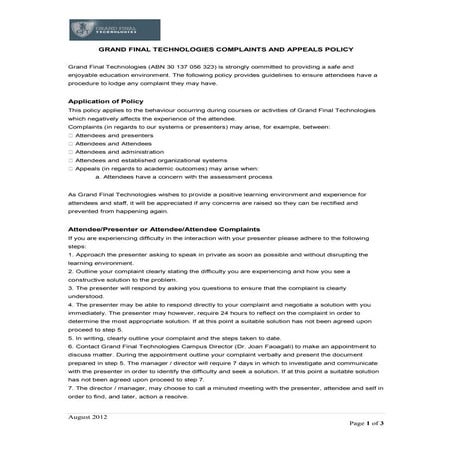 Complaints and Appeals Policy | PDF