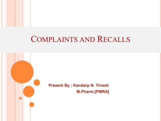 Pharmaceutical Complaints | PPTX | Recalls | Consumer Issues
