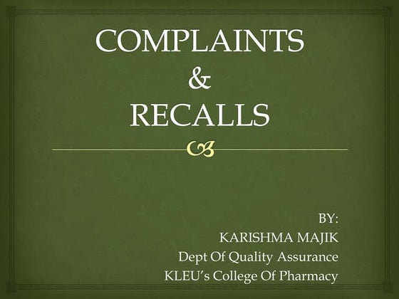 Pharmaceutical Complaints | PPTX | Recalls | Consumer Issues