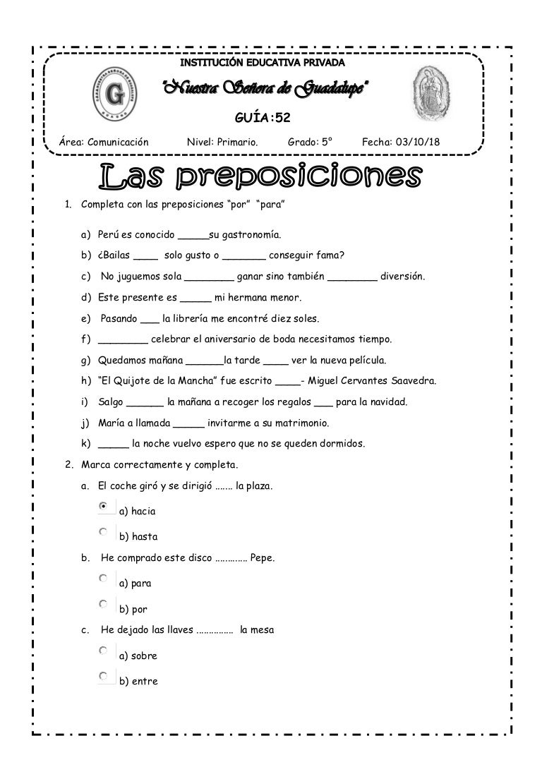 Hojas De Trabajo Para Practicar Preposiciones