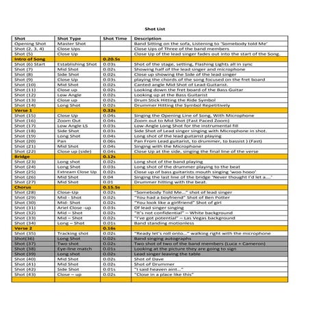 Shot List- Complete! | DOCX | Music | Entertainment