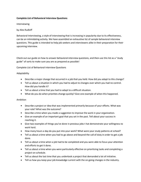 Performance Based Interviewing (PBI) Questions | DOC