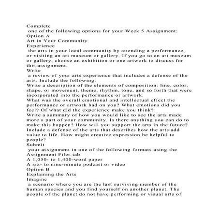 Complete one of the following options for your Week 5 Assignment.docx | Arts and Crafts ...