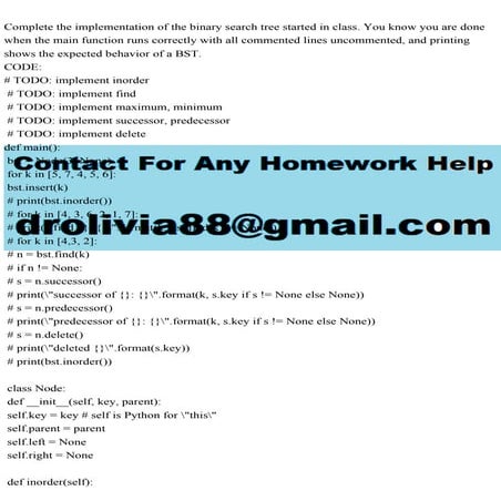 Complete the implementation of the binary search tree started in cla.pdf