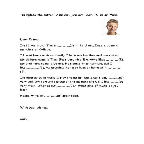 Complete the letter with me, you, him, her, etc. | DOC