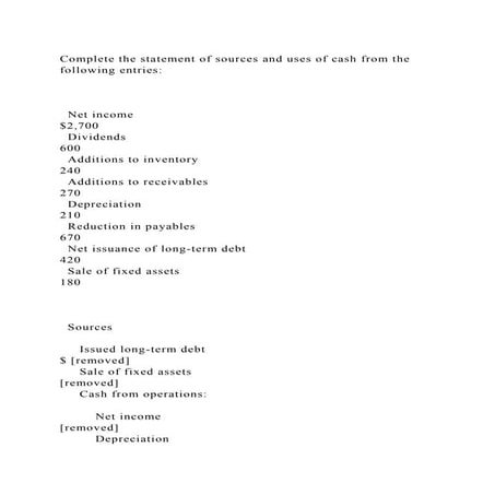 Complete the statement of sources and uses of cash from the followin ...