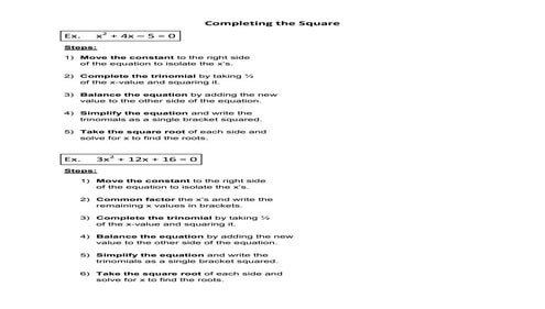 Completing The Square Worksheet