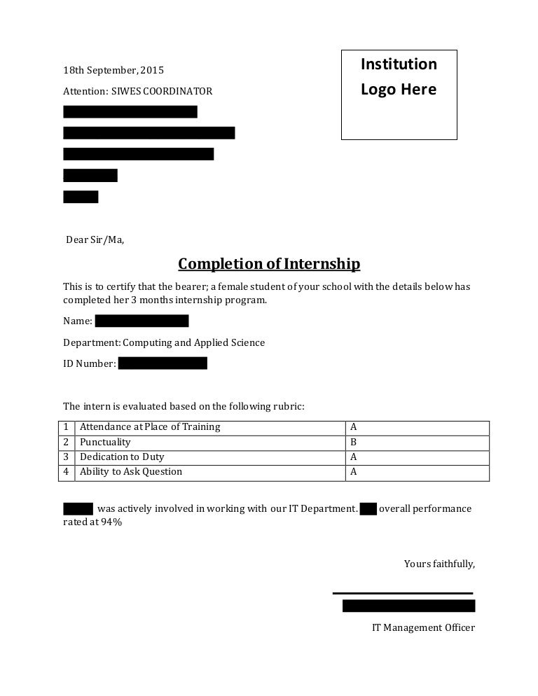 Completion of internship sample