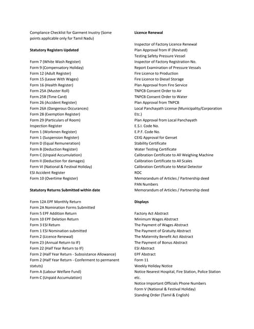 Compliance list (factory act) | DOCX | Business | Business and Finance