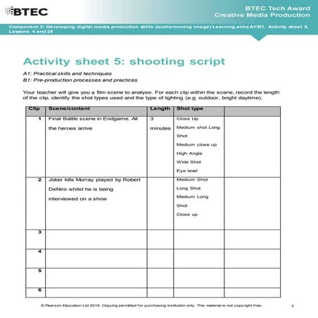 Component 2 activity sheet 5 shooting script | DOCX | Video Production ...