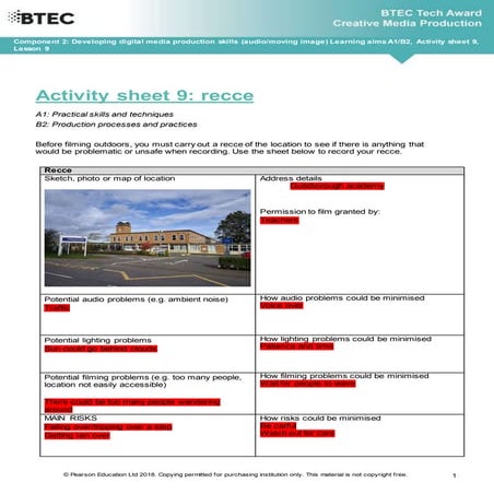 Component 2 activity sheet 9 recce | DOCX | Video Production | Content ...
