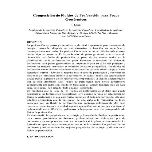 Composición de fluidos de perforación para pozos geotérmicos | PDF